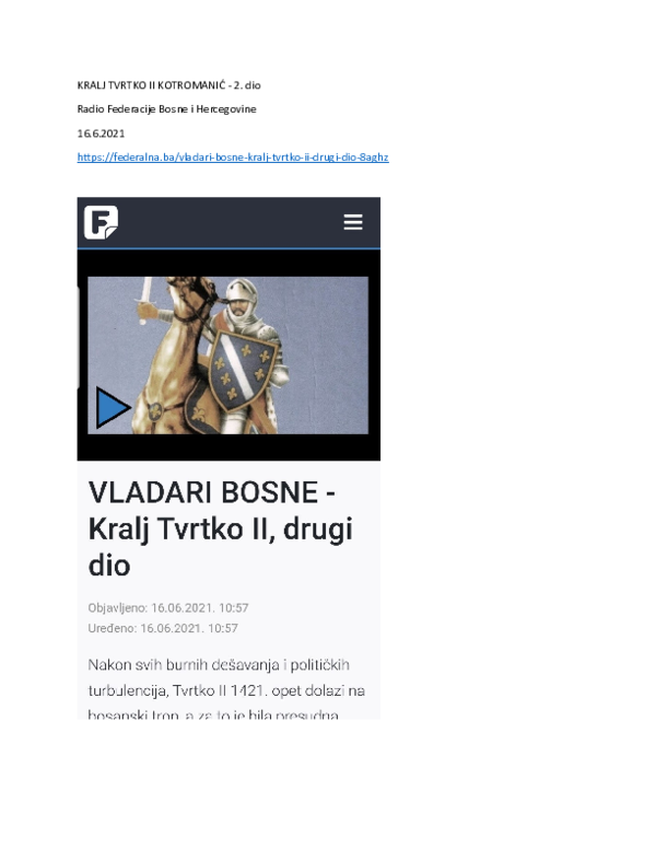 (DOC) Kralj Tvrtko II, Radio Federacije Bosne i Hercegovine - drugi dio ...
