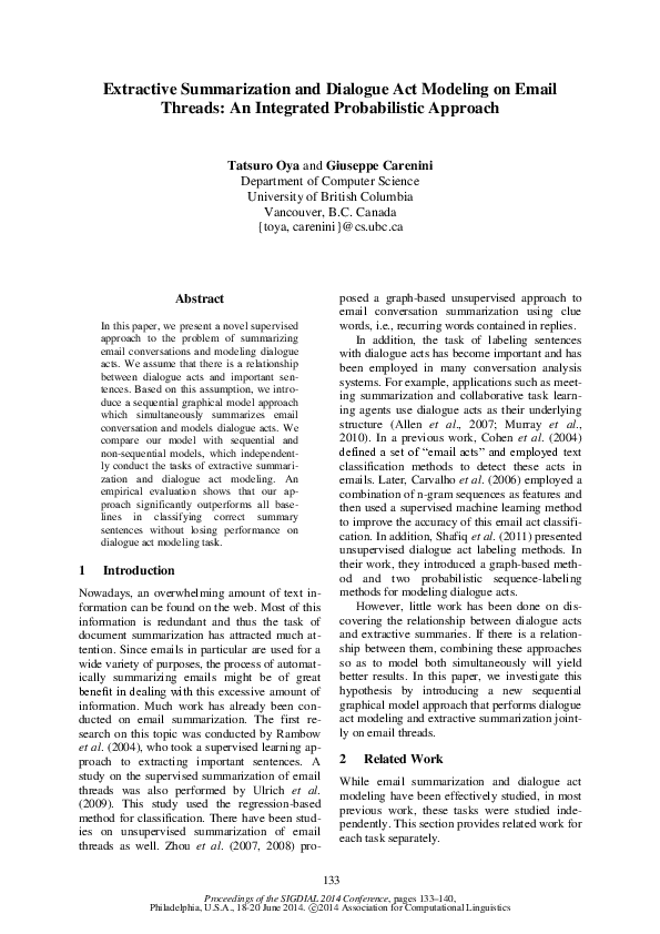 Pdf Extractive Summarization And Dialogue Act Modeling On Email