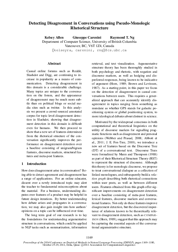(PDF) Detecting Disagreement in Conversations using Pseudo-Monologic ...