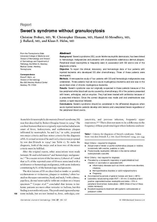 (PDF) Sweet's syndrome without granulocytosis