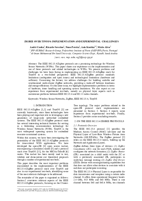 (PDF) Zigbee Over Tinyos: Implementation and Experimental Challenges