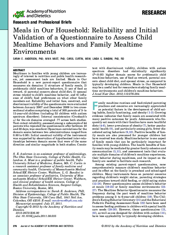 (PDF) Meals in Our Household: reliability and initial validation of a ...