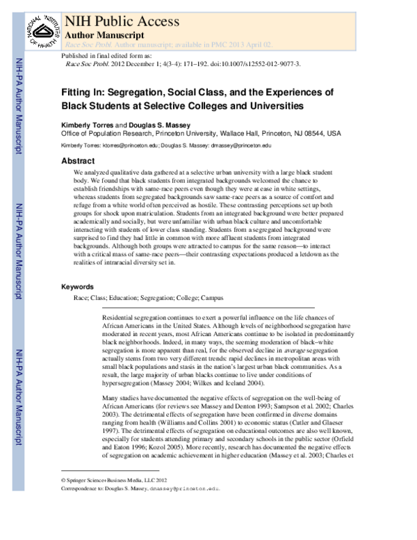 (PDF) Fitting In: Segregation, Social Class, and the Experiences of ...