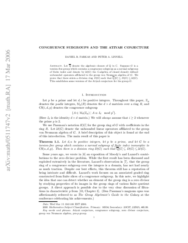(PDF) Congruence subgroups and the Atiyah conjecture
