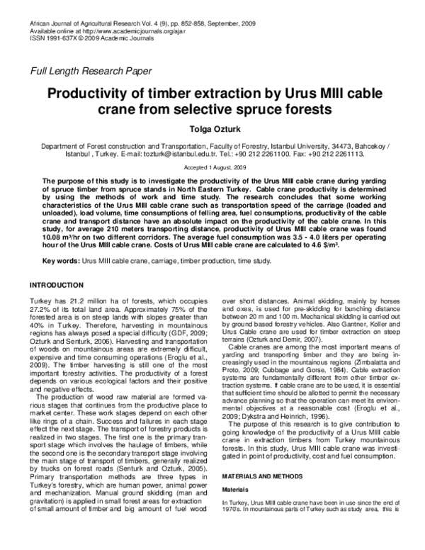 (PDF) Productivity of timber extraction by Urus MIII cable crane from ...
