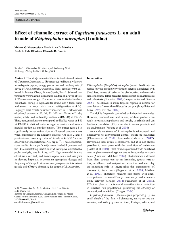 (PDF) Effect of ethanolic extract of Capsicum frutescens L. on adult ...