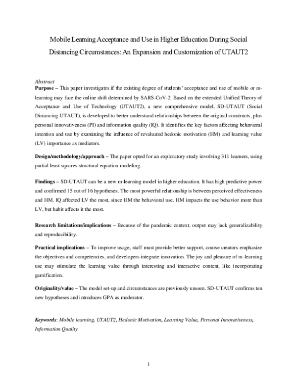 (PDF) Mobile Learning Acceptance and Use in Higher Education During Social Distancing ...