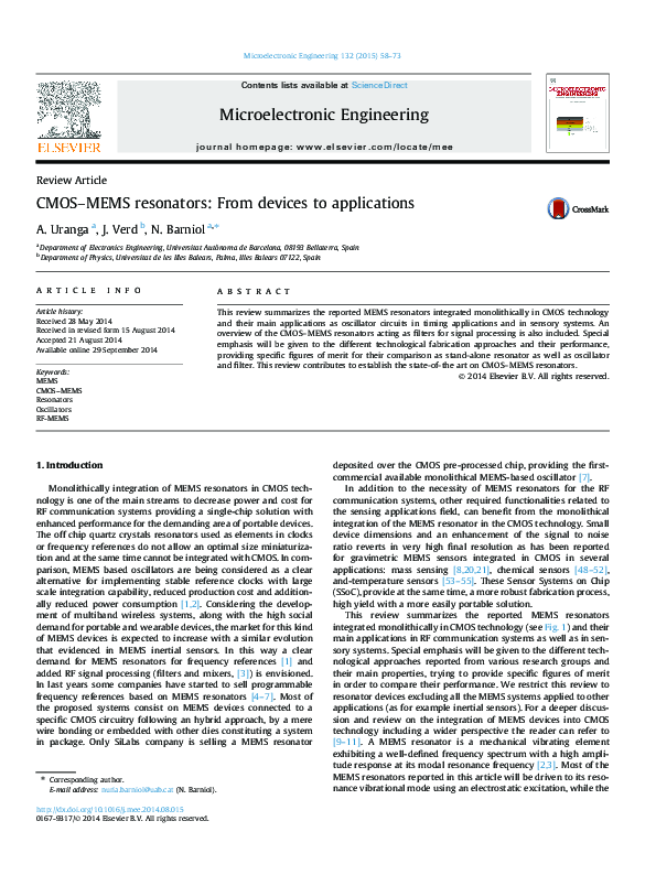 (PDF) CMOS–MEMS resonators: From devices to applications
