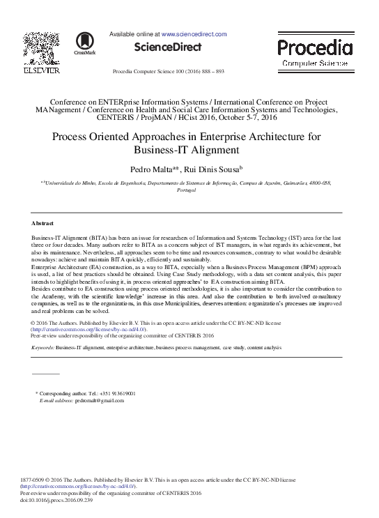 (PDF) Process Oriented Approaches in Enterprise Architecture for Business-IT Alignment