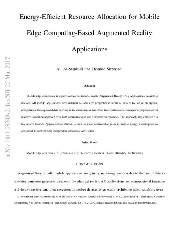 (PDF) Energy-Efficient Resource Allocation for Mobile Edge Computing-Based Augmented Reality ...
