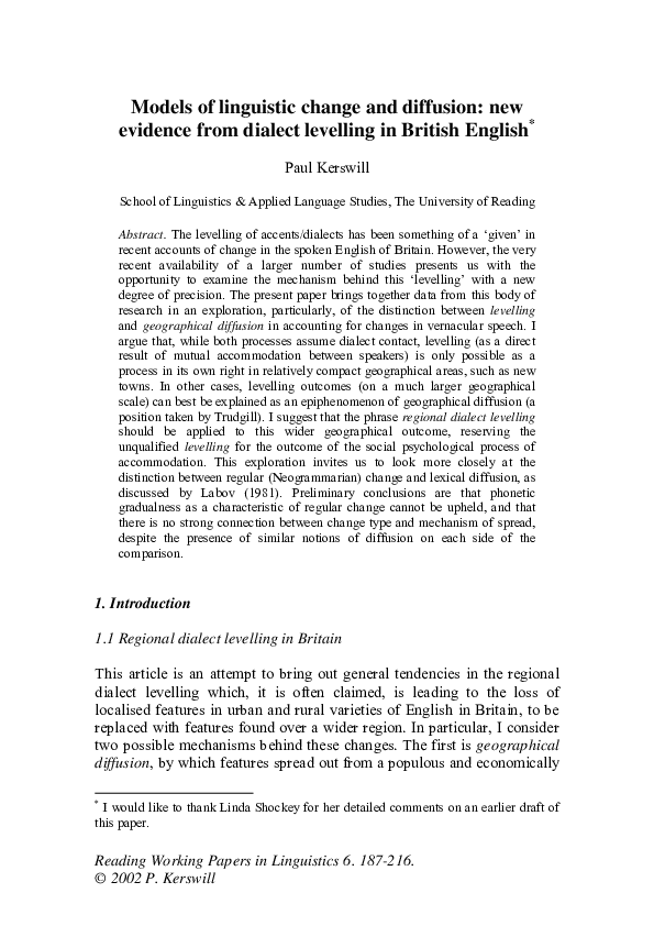(PDF) Models of linguistic change and diffusion: new evidence from ...
