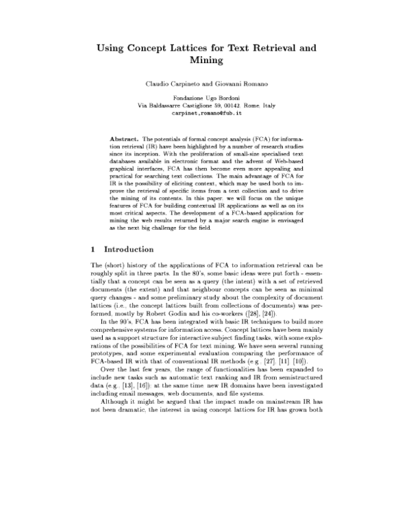 Pdf Using Concept Lattices For Text Retrieval And Mining Claudio Carpineto 