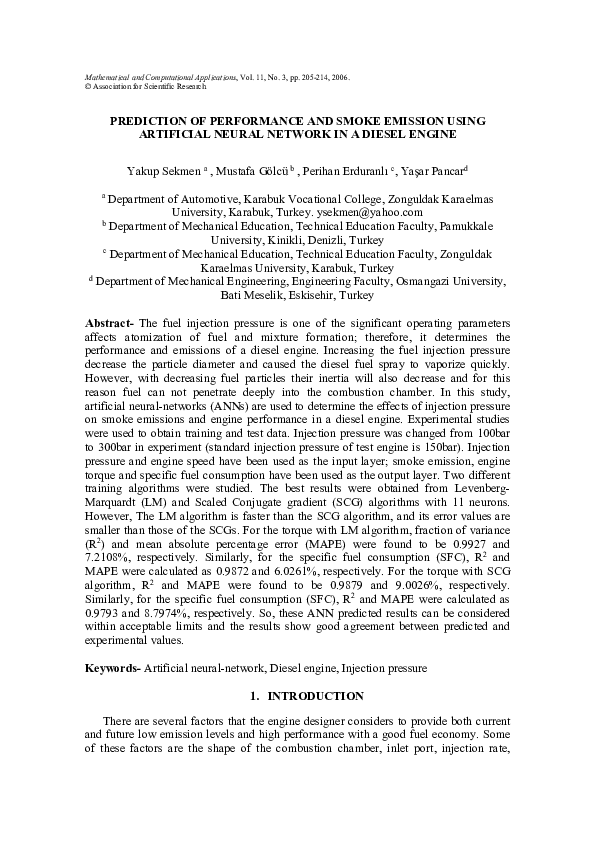 (PDF) Prediction of performance and smoke emission using artificial ...