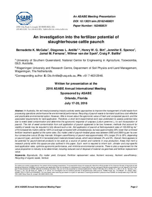 (PDF) An Investigation into the Fertilizer Potential of Slaughterhouse Cattle Paunch