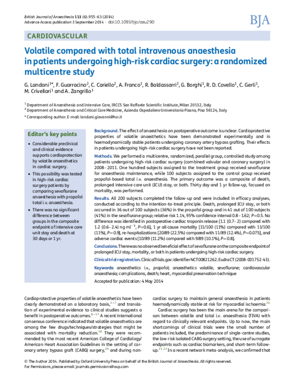 (PDF) Volatile compared with total intravenous anaesthesia in patients undergoing high-risk ...