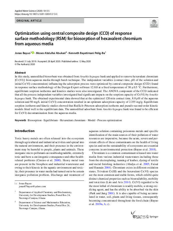 (PDF) Optimization using central composite design (CCD) of response surface methodology (RSM ...