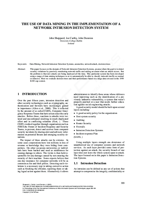 Pdf The Use Of Data Mining In The Implementation Of A Network Intrusion Detection System