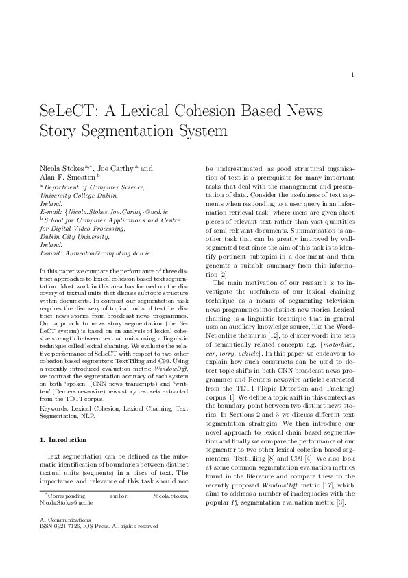 Pdf Select A Lexical Cohesion Based News Story Segmentation System