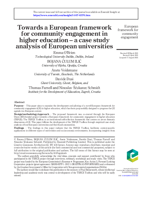 (PDF) Towards a European framework for community engagement in higher ...