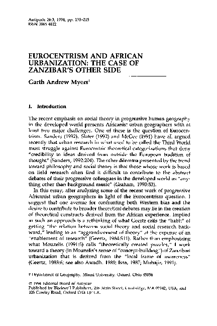 (PDF) Eurocentrism and African Urbanization: The Case of Zanzibar's ...