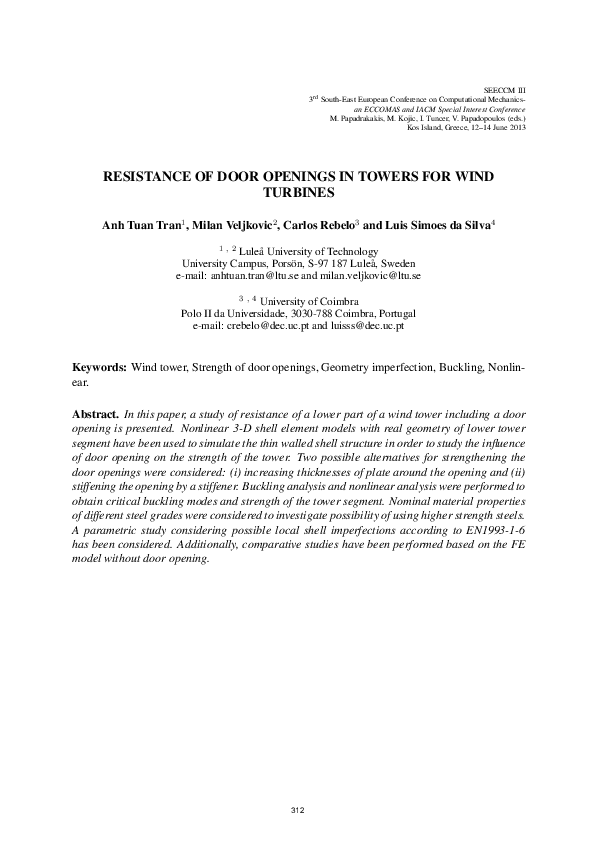 (PDF) Resistance of Door Openings in Towers for Wind Turbines