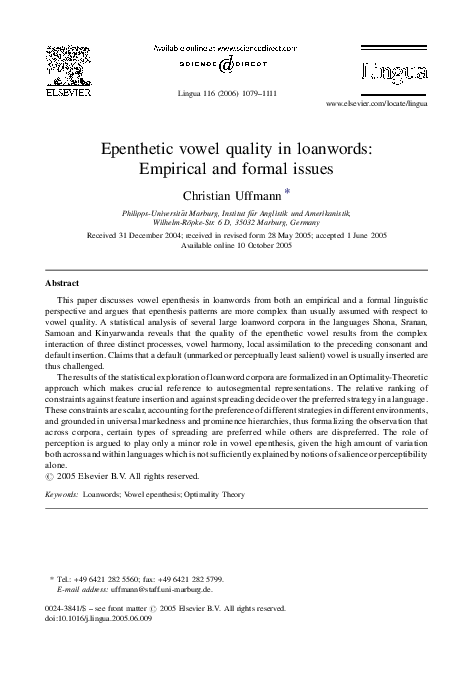 (PDF) Epenthetic vowel quality in loanwords: Empirical and formal issues