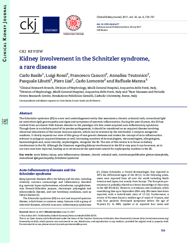 (PDF) Kidney involvement in the Schnitzler syndrome, a rare disease