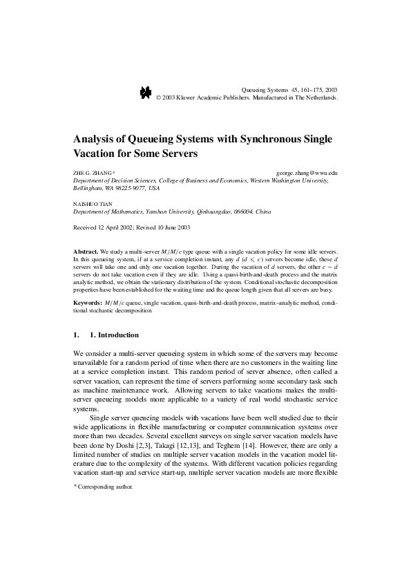 (PDF) Analysis of queueing systems with synchronous single vacation for some servers