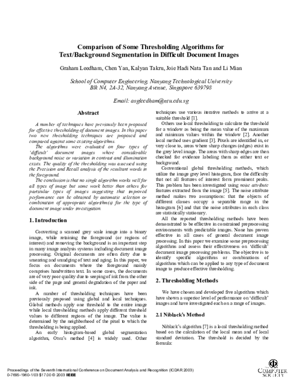(PDF) Comparison of some thresholding algorithms for text/background segmentation in difficult ...