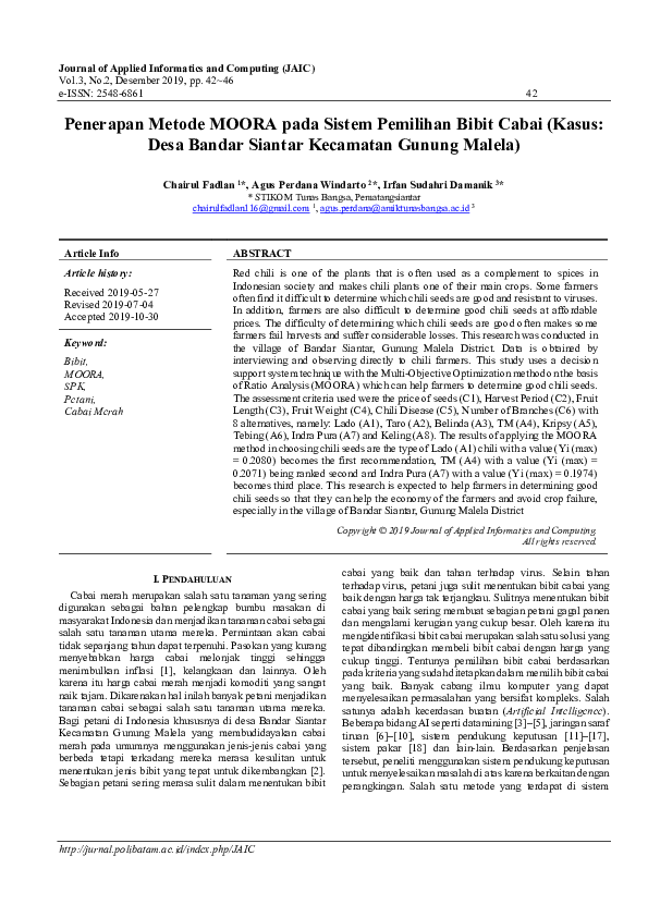 (PDF) Penerapan Metode MOORA pada Sistem Pemilihan Bibit Cabai (Kasus ...