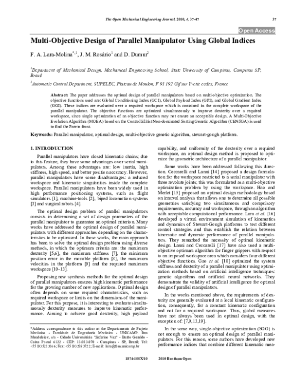 (PDF) Multi-Objective Design of Parallel Manipulator Using Global Indices (PDF) Multi-Objective Design of Parallel Manipulator Using Global Indices