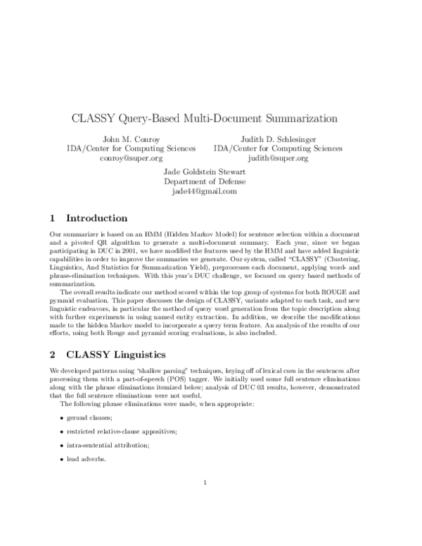 (PDF) CLASSY query-based multi-document summarization | Judith Schlesinger - Academia.edu