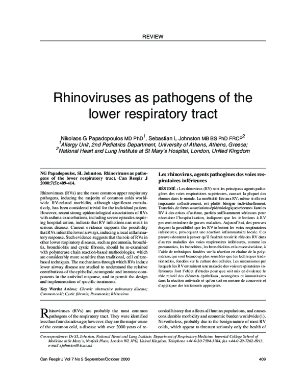 (PDF) Rhinoviruses as pathogens of the lower respiratory tract