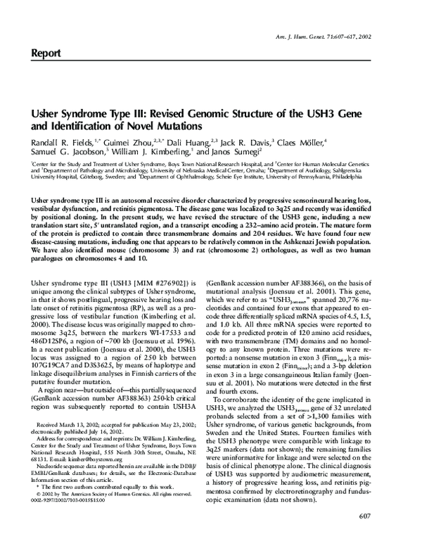 (PDF) Usher Syndrome Type III: Revised Genomic Structure of the USH3 ...