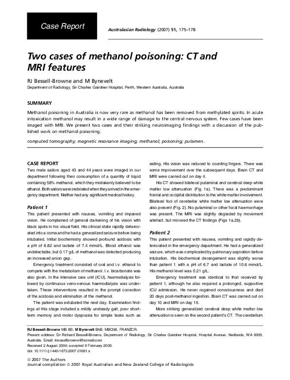 (PDF) Two cases of methanol poisoning: CT and MRI features