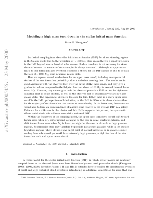 (PDF) Modeling a High‐Mass Turn‐Down in the Stellar Initial Mass Function