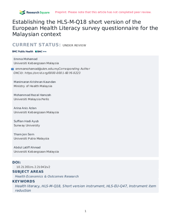 (PDF) Establishing the HLS-M-Q18 short version of the European Health ...