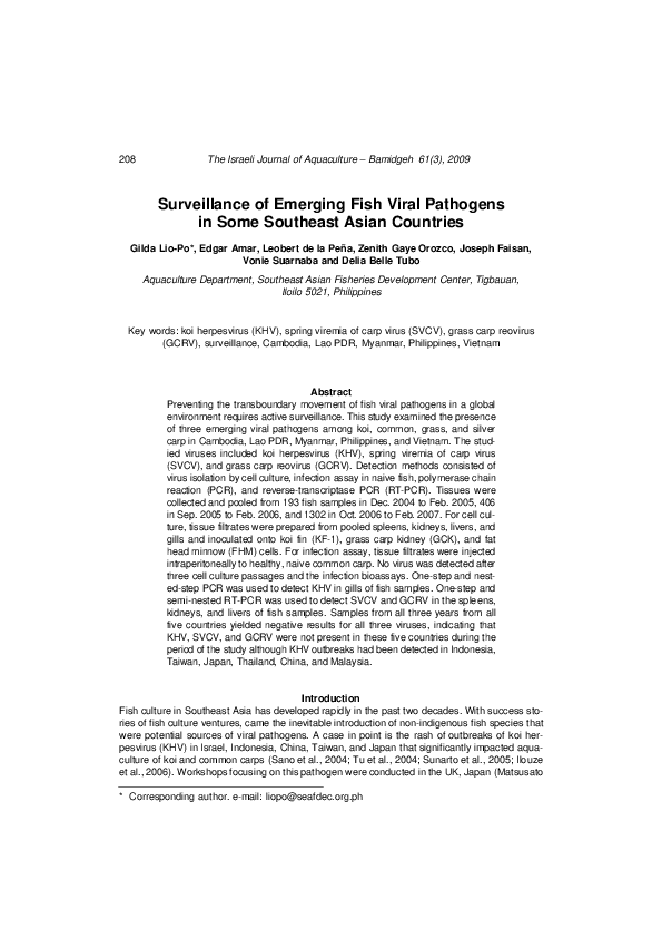 (PDF) Surveillance of Emerging Fish Viral Pathogens in Some Southeast ... (PDF) Surveillance of Emerging Fish Viral Pathogens in Some Southeast ...