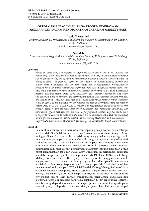 (PDF) Optimalisasi Bagi Hasil Pada Produk Pembiayaan Mudharabah Dalam Meningkatkan Laba Dan ...