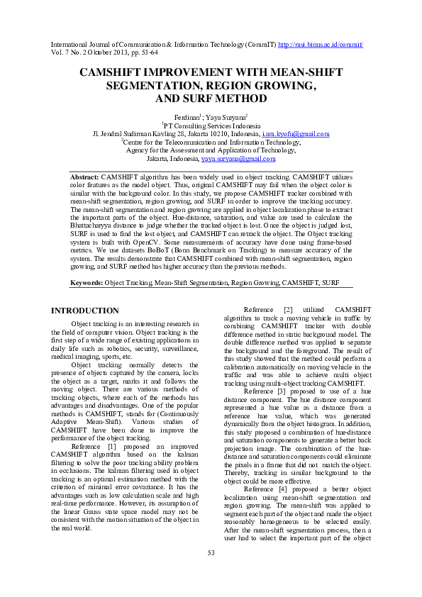 (PDF) Camshift Improvement with Mean-Shift Segmentation, Region Growing, and Surf Method