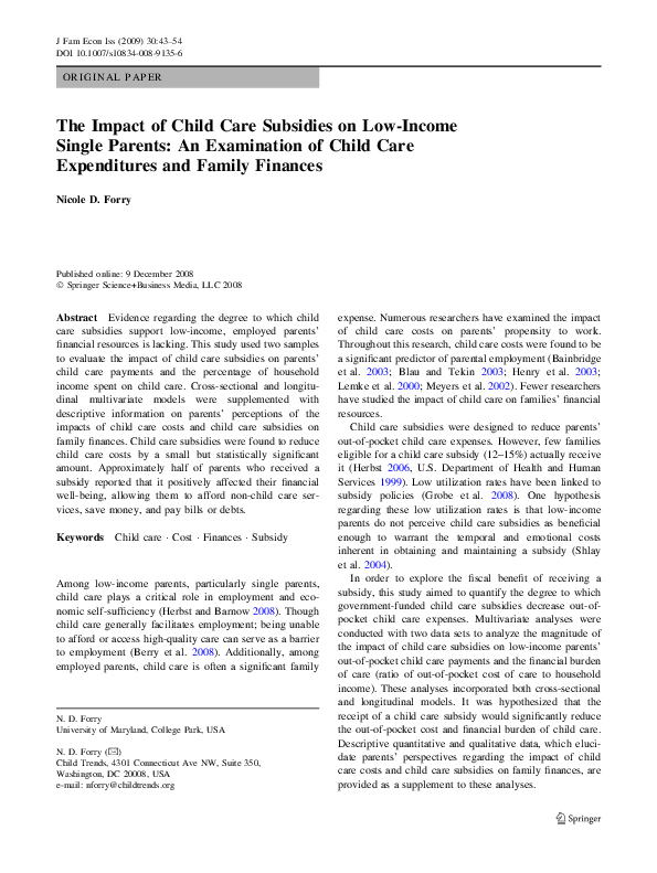 (PDF) The impact of child care subsidies on low-income single parents ...