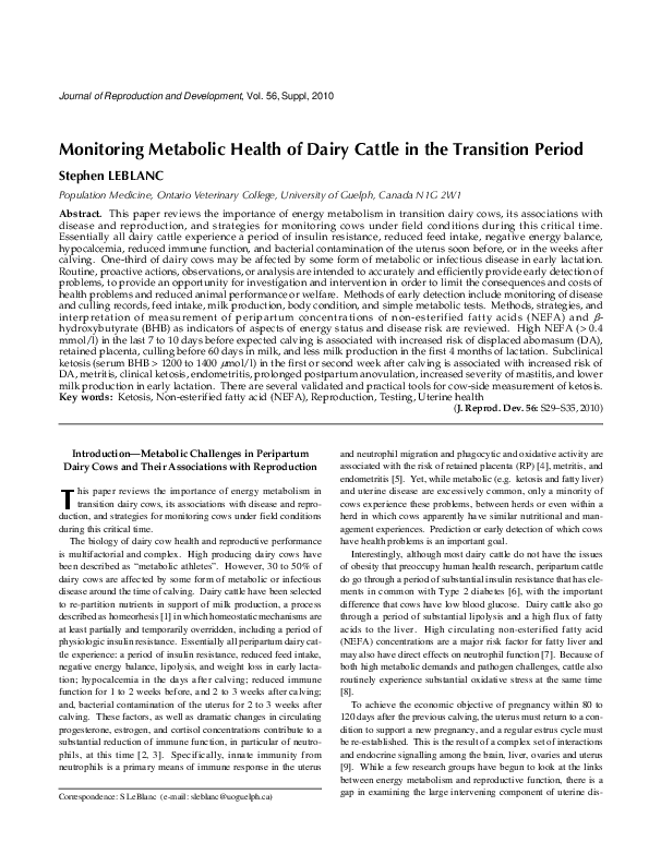 (PDF) Monitoring Metabolic Health of Dairy Cattle in the Transition Period