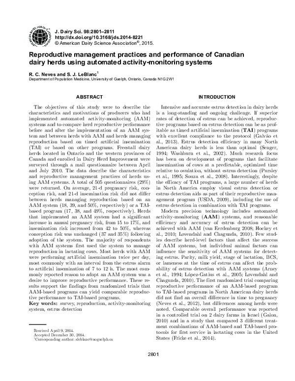 (PDF) Reproductive management practices and performance of Canadian ... (PDF) Reproductive management practices and performance of Canadian ...