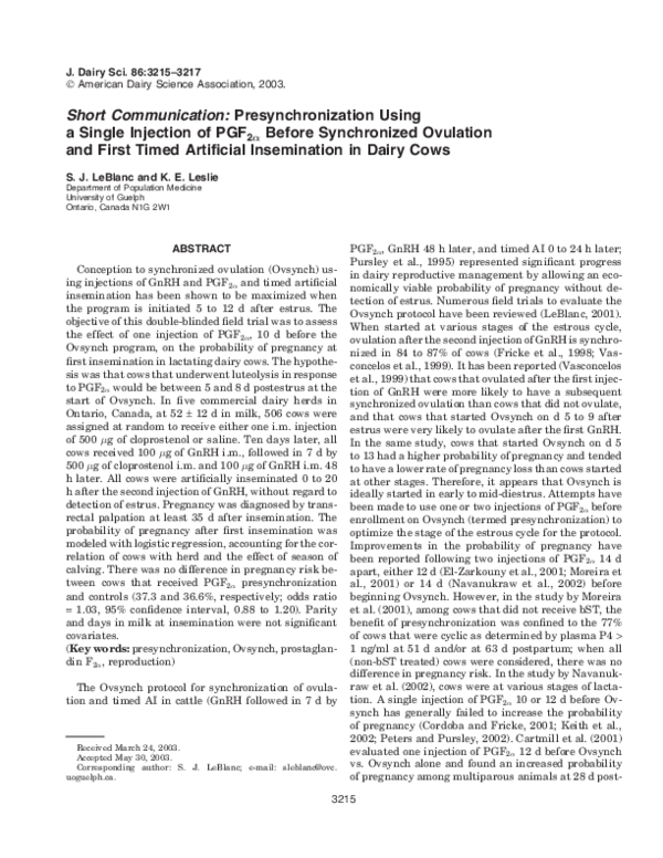 Pdf Short Communication Presynchronization Using A Single Injection Of Pgf2alpha Before