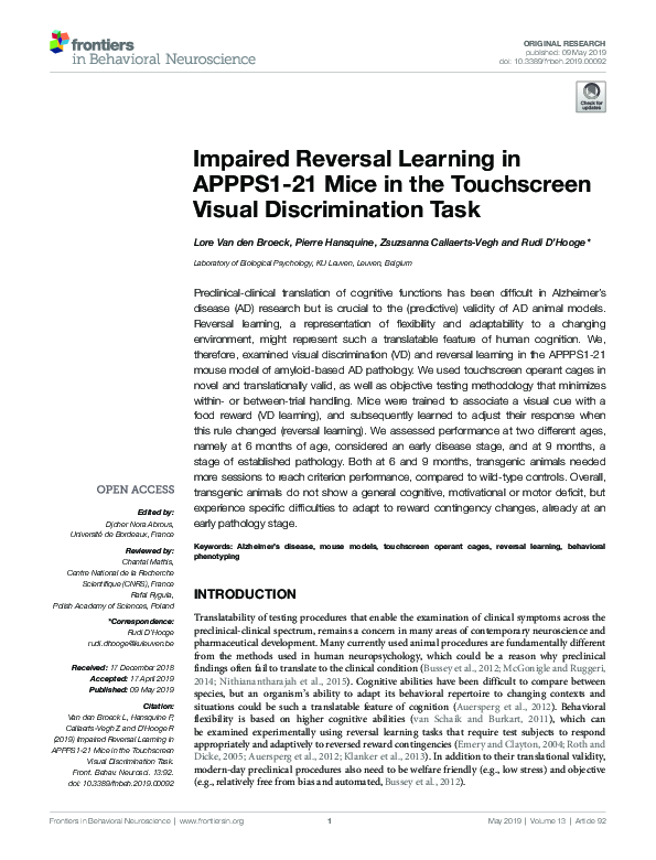 (PDF) Impaired Reversal Learning in APPPS1-21 Mice in the Touchscreen ...