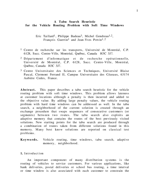(PDF) A tabu search heuristic for the vehicle routing problem with backhauls and time windows