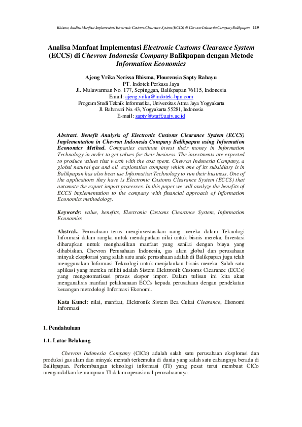 Pdf Analisa Manfaat Implementasi Electronic Customs Clearance System Eccs Di Chevron