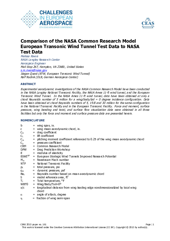 (PDF) Comparison of the NASA Common Research Model European Transonic ...