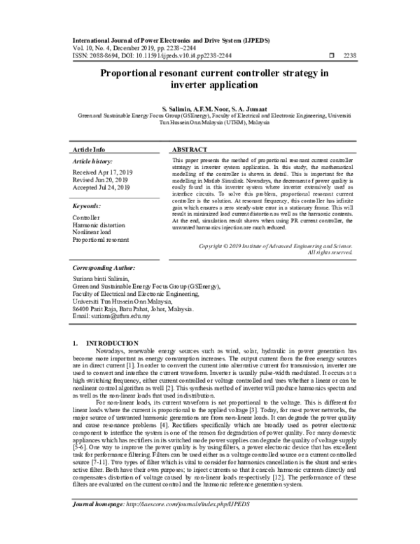 Pdf Proportional Resonant Current Controller Strategy In Inverter Application International 