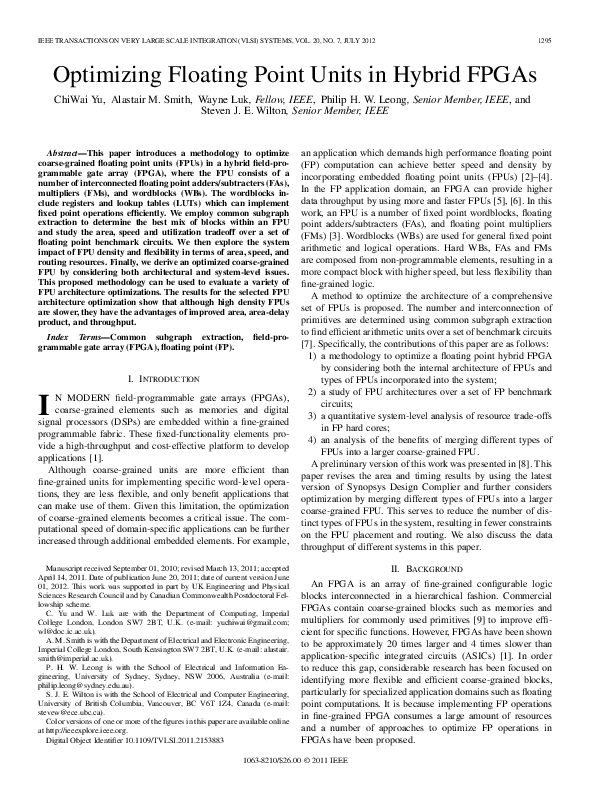 (PDF) Optimizing Floating Point Units in Hybrid FPGAs